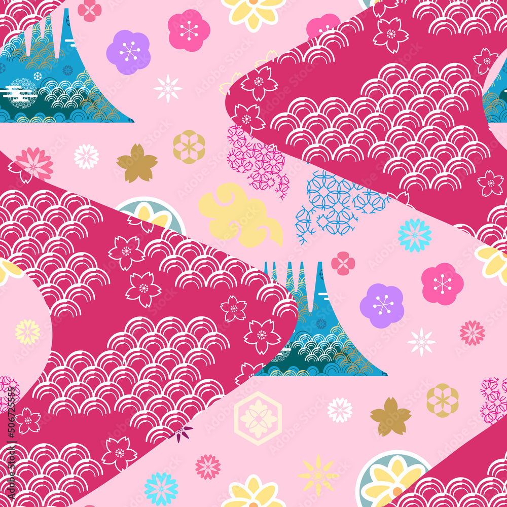 Beautiful japanese seamless pattern with clouds, waves plum, fan ...