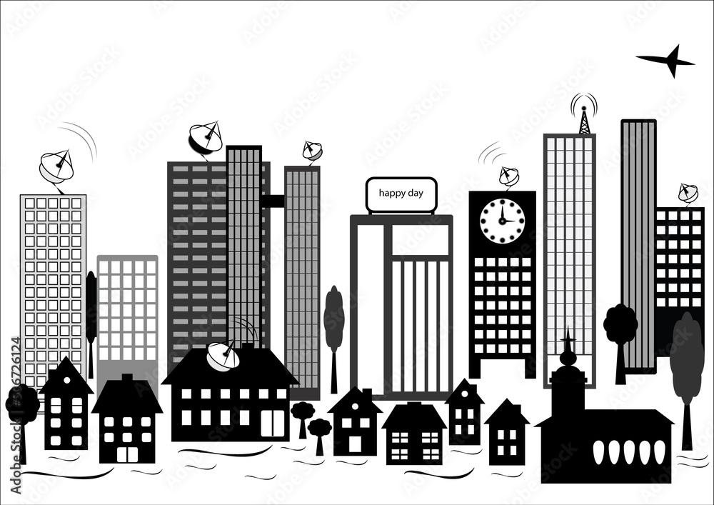 Banner of a modern metropolis with rural suburbs and satellites. Black ...