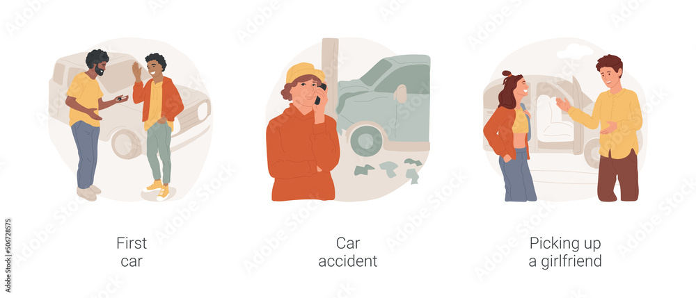 Getting the first car isolated cartoon vector illustration set. First ...