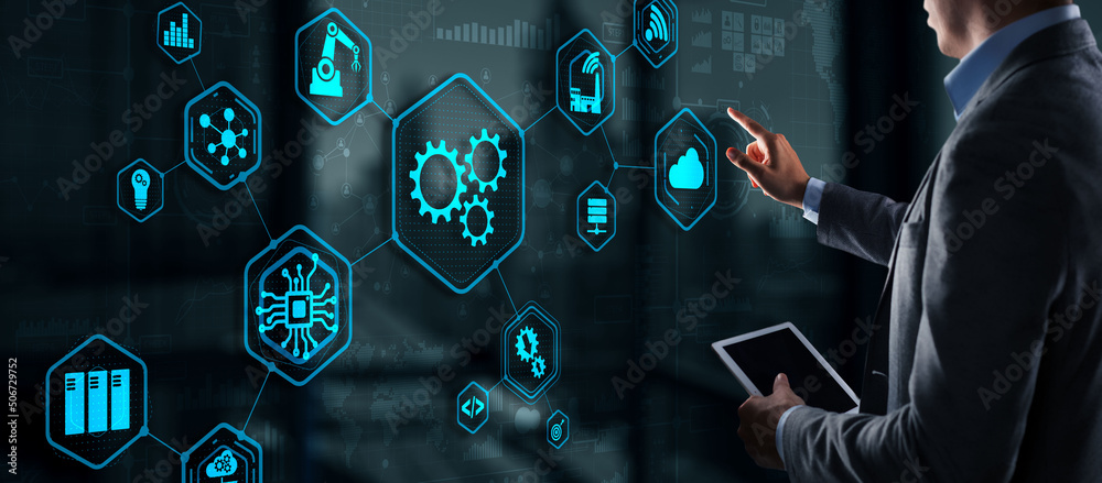 3D Virtual screen dashboard with project management with icons of ...