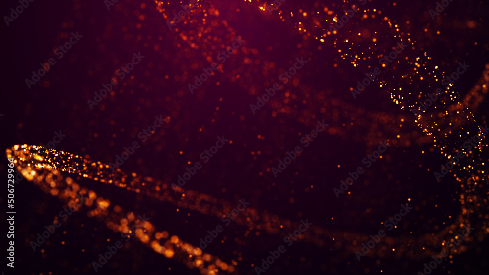 Golden red glow particles flicker and float in viscous liquid with ...