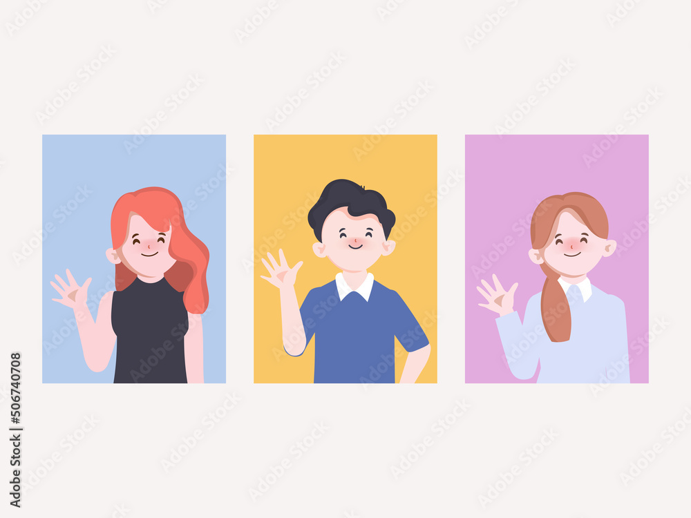 Set cartoon character people greeting "hello" vector illustration flat ...