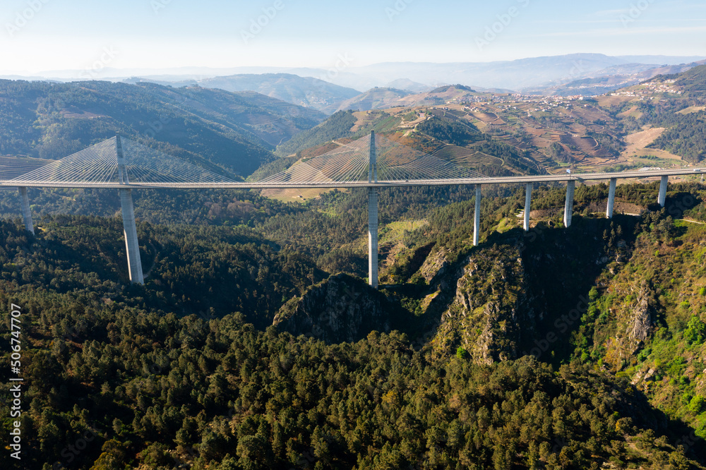 View from drone of Vila Real Bridge, modern cable-stayed suspension ...