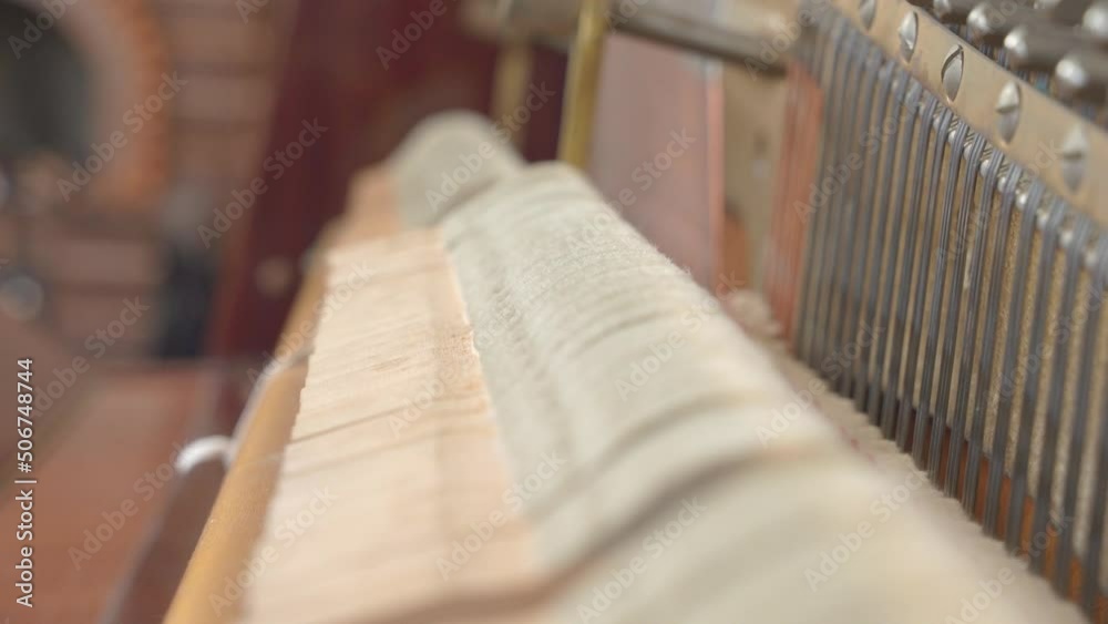 Ivory piano keys close up at an angle. Hand presses the piano keys ...