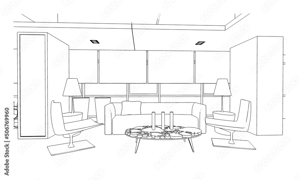 line drawing of office reception area and waiting area,Modern design,3d ...