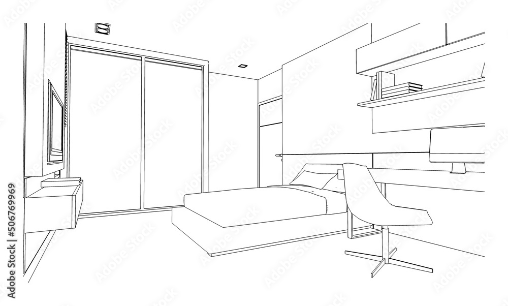 line drawing of bedroom,Modern design,3d rendering Stock Illustration ...