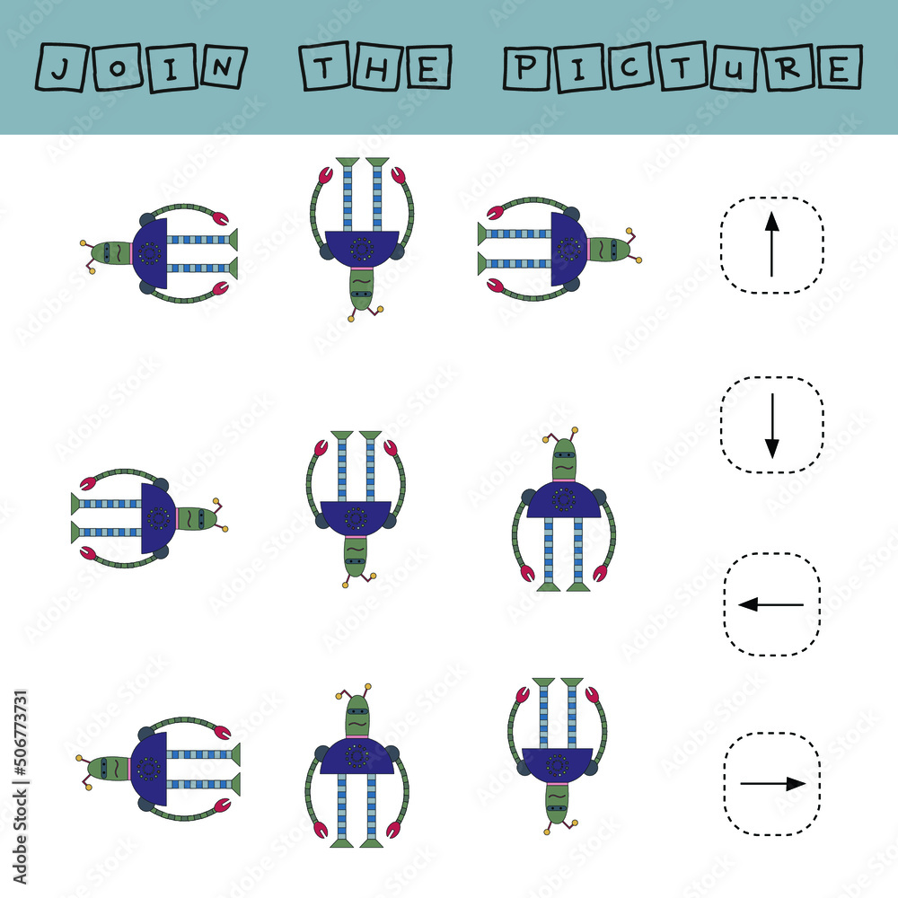 Match cartoon robots and directions up, down, left and right ...