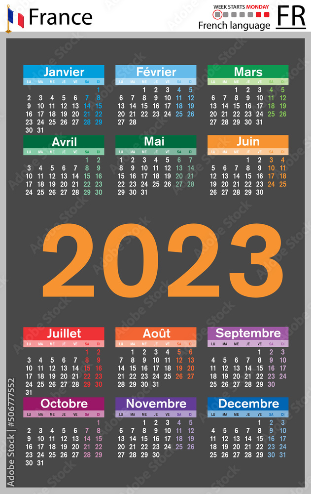 French vertical pocket calendar for 2023. Week starts Monday Stock ...