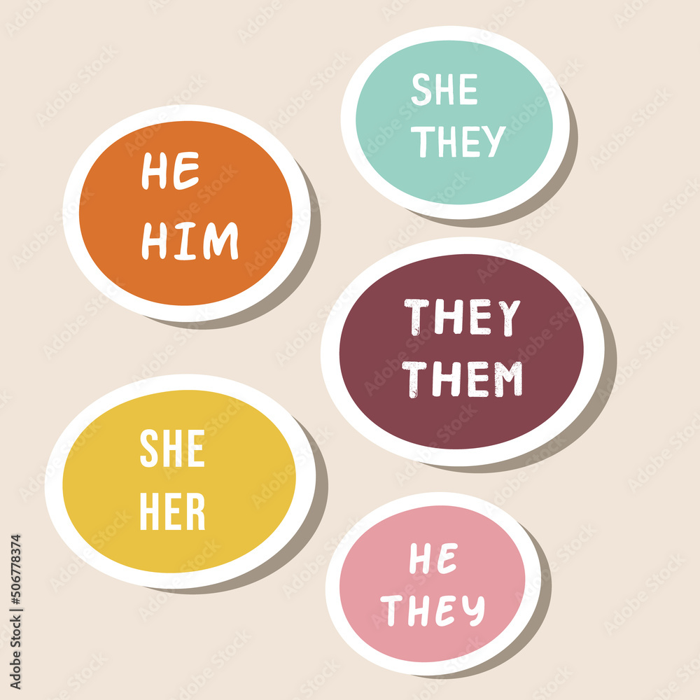 Gender Definition Pronouns speech bubbles: he, him, she, her, they ...