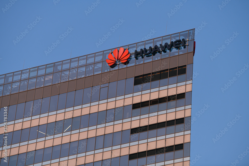 Huawei logo sign on the office headquarters from Bucharest. Huawei is a ...