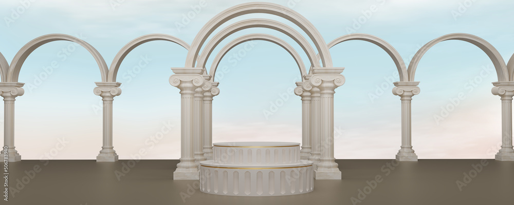 3D render Classic beige pillars pedestal on roman columns and blue sky ...