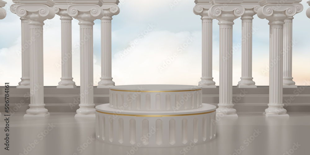 3D render Classic beige pillars pedestal on roman columns and blue sky ...