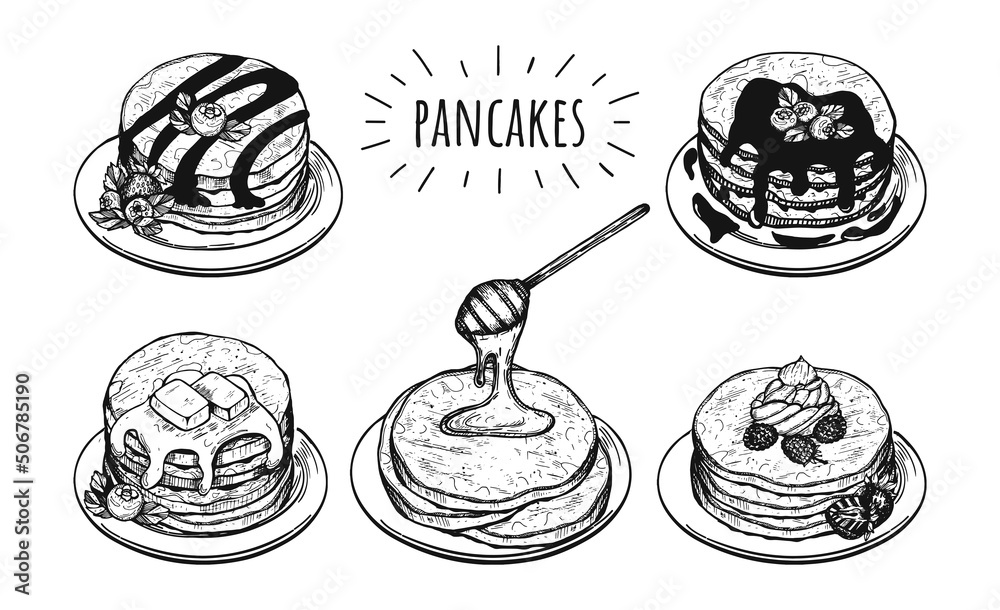 pancakes set vector sketch. chocolate pancake with berries on plates ...