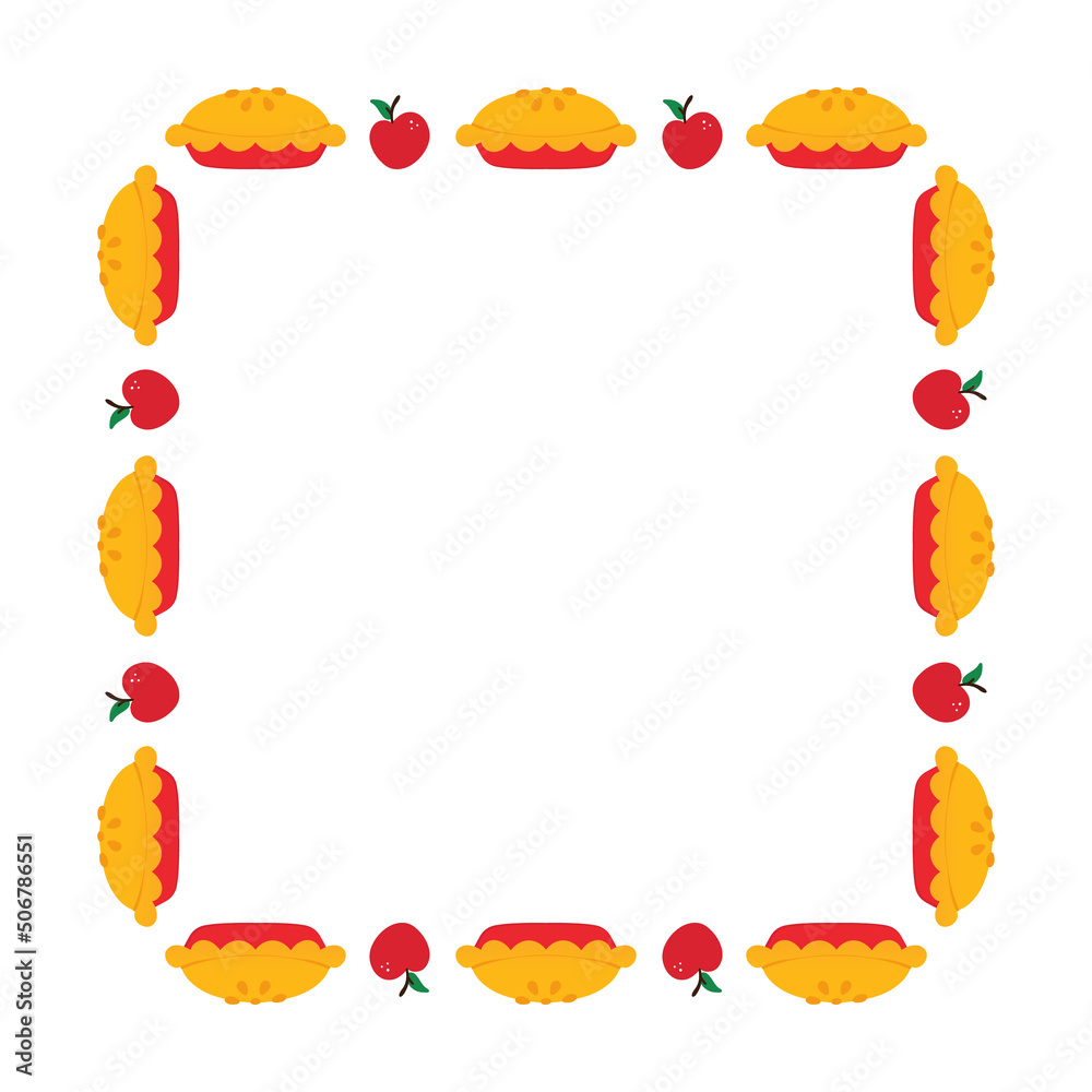 Cute cartoon style apple pies and apple fruits vector square frame ...