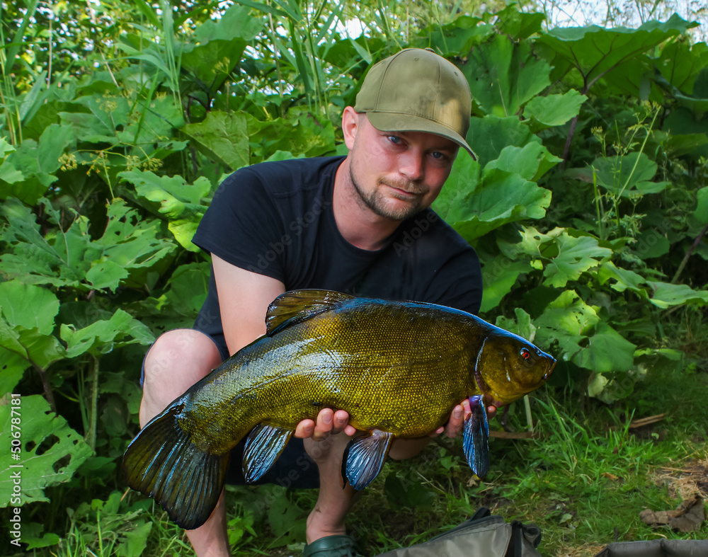 Happy angler holder a Large Tench caught while fishing. THe Tench is ...