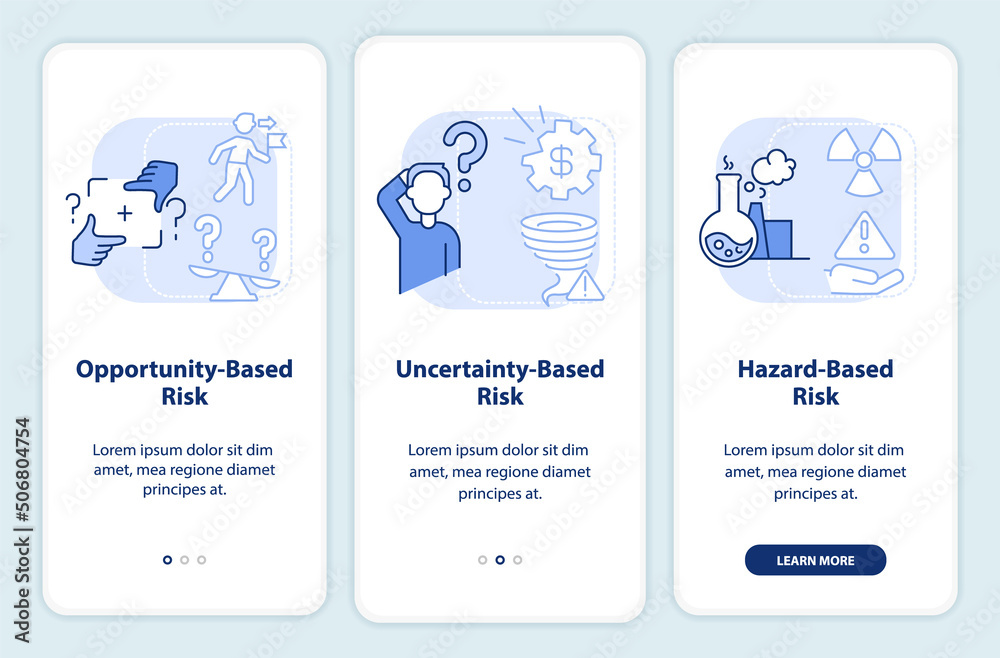 Risks types light blue onboarding mobile app screen. Problems analysing walkthrough 3 steps ...