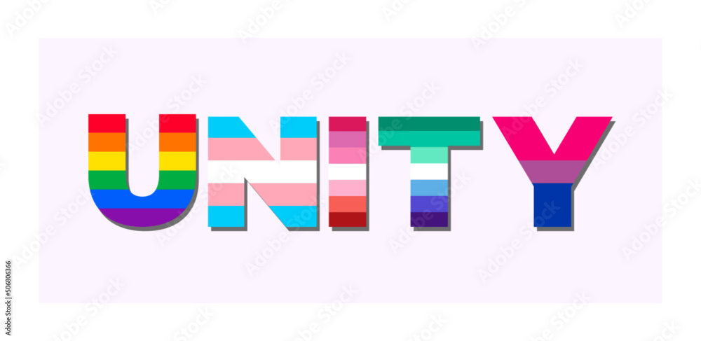 UNITY word banner with pride flags. LGBT pride banner. Vector typographic illustration for gay ...
