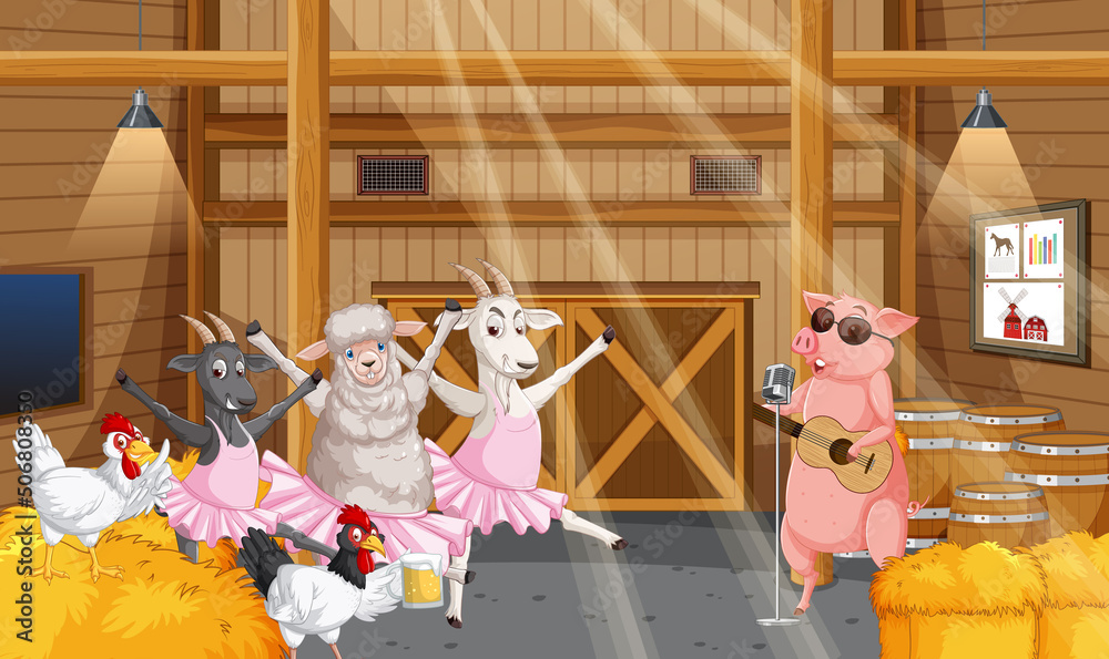 Barn indoor scene with farm animals Stock Vector | Adobe Stock