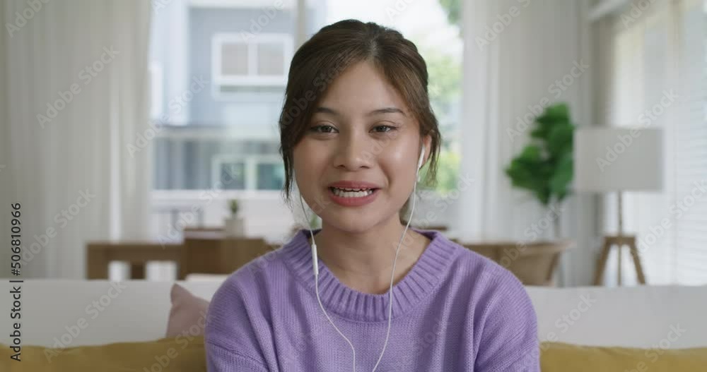 Young influencer vlogger teen girl asia people sit easy relax at cozy ...