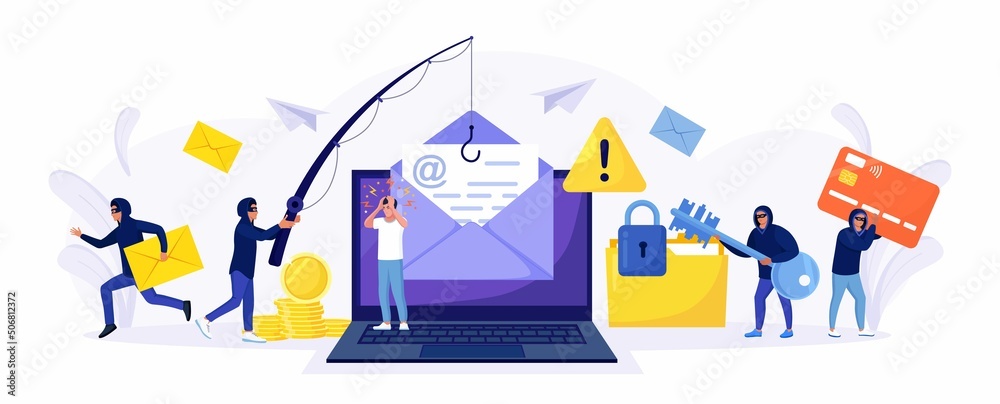 Vetor de Cyber criminals phishing stealing private personal data, credentials, password, bank ...