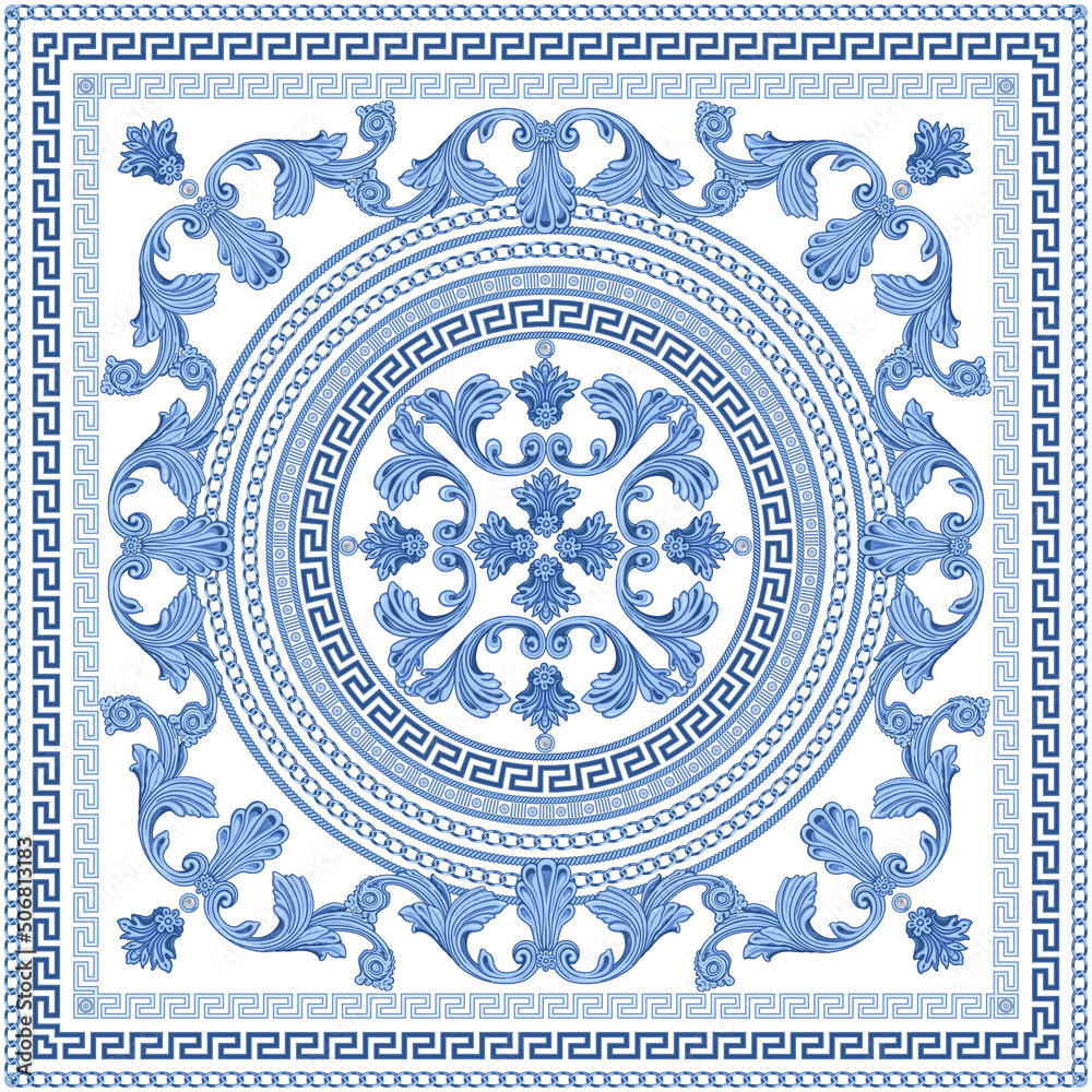 Blue Baroque scrolls, indigo Greek key pattern frieze, silver chain ...