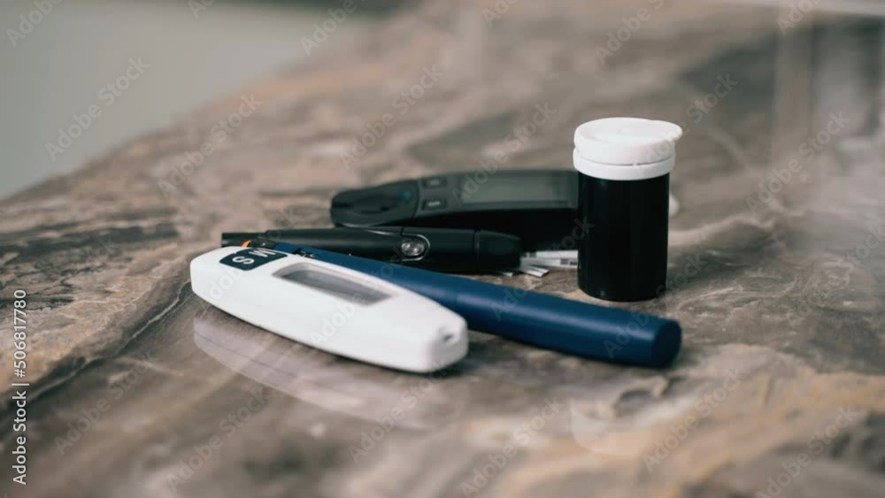 Medical devices. Glucometer, test strips and syringe pen with insulin ...