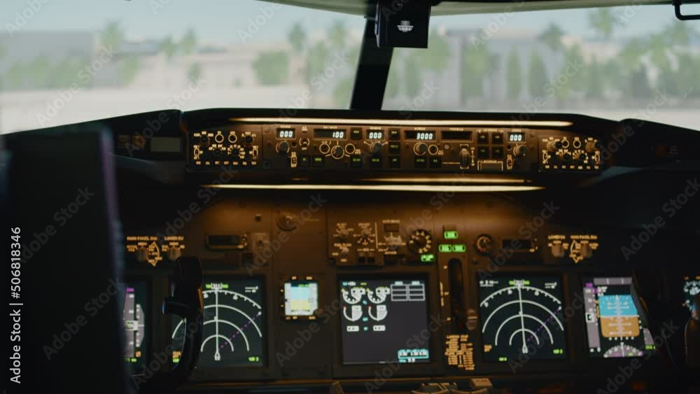 Airplane cockpit windscreen in navigation cabin to fly aircraft, power ...
