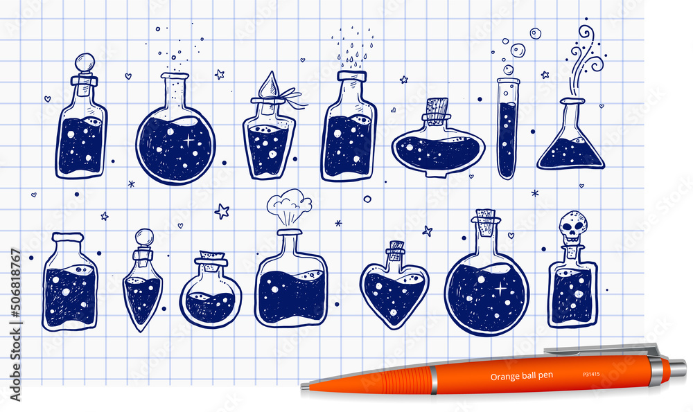 Blue pen Doodles with pharmaceutical flasks, beakers and test tubes on ...