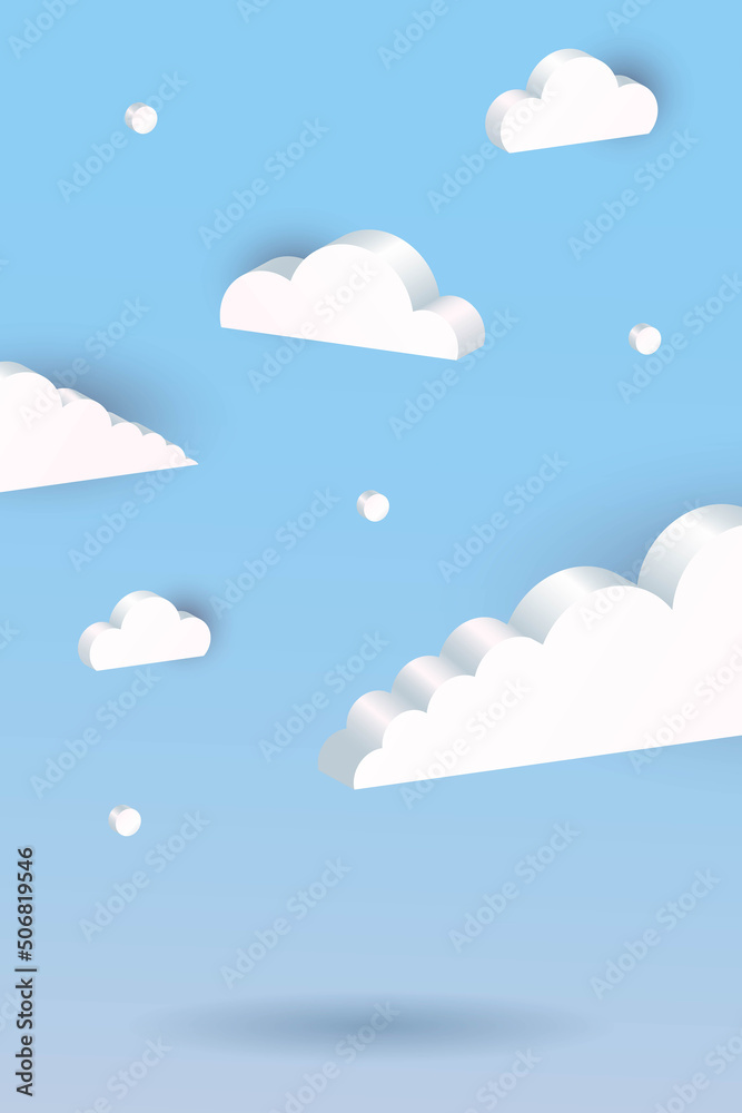3D clouds background. White geometric shapes in blue sky, communication ...
