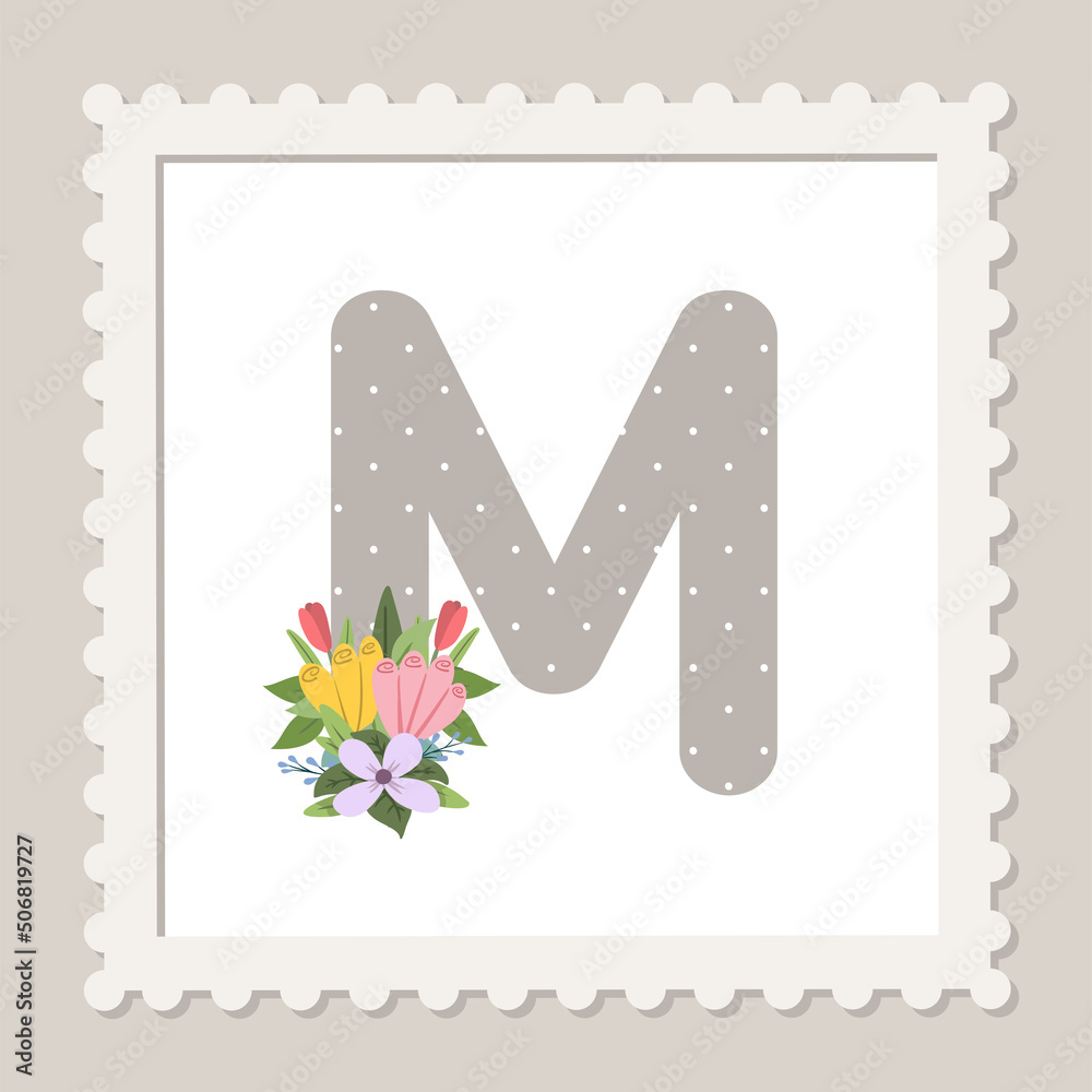 Letter M with flowers. Floral alphabet font uppercase Stock Vector ...