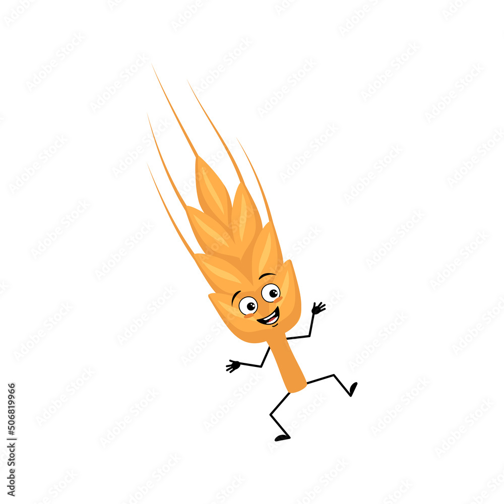 Cute ear of wheat character with joyful emotions, happy face, smile ...