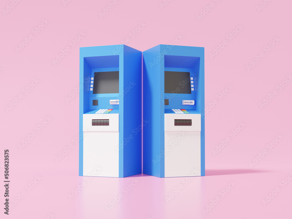 Cartoon minimal mockup blue two ATM automatic deposit machine icon on ...