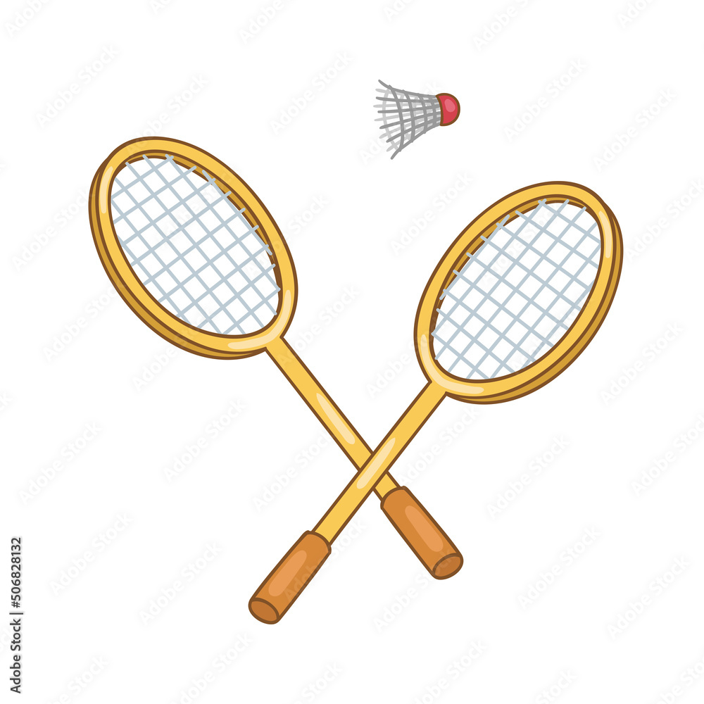 Two crossed badminton rackets and shuttlecock. In cartoon style ...