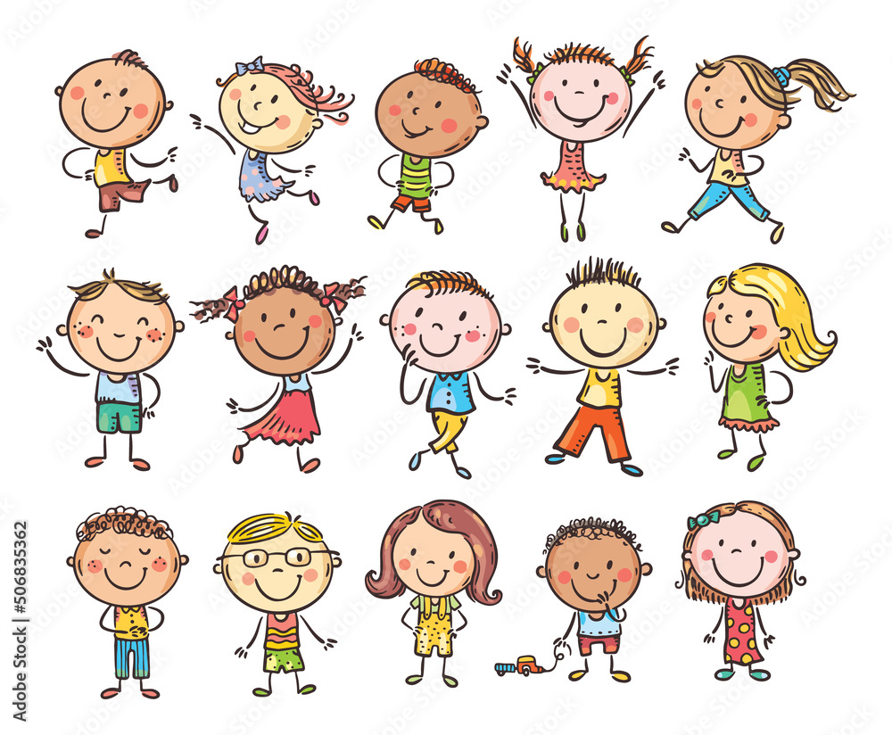 Set of hand drawn cute cartoon doodle kids. Happy children different ...