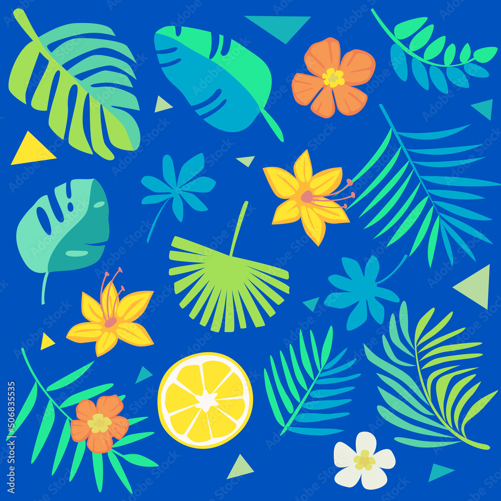 vector illustration of bunch of colorful leaf and flower with blue ...