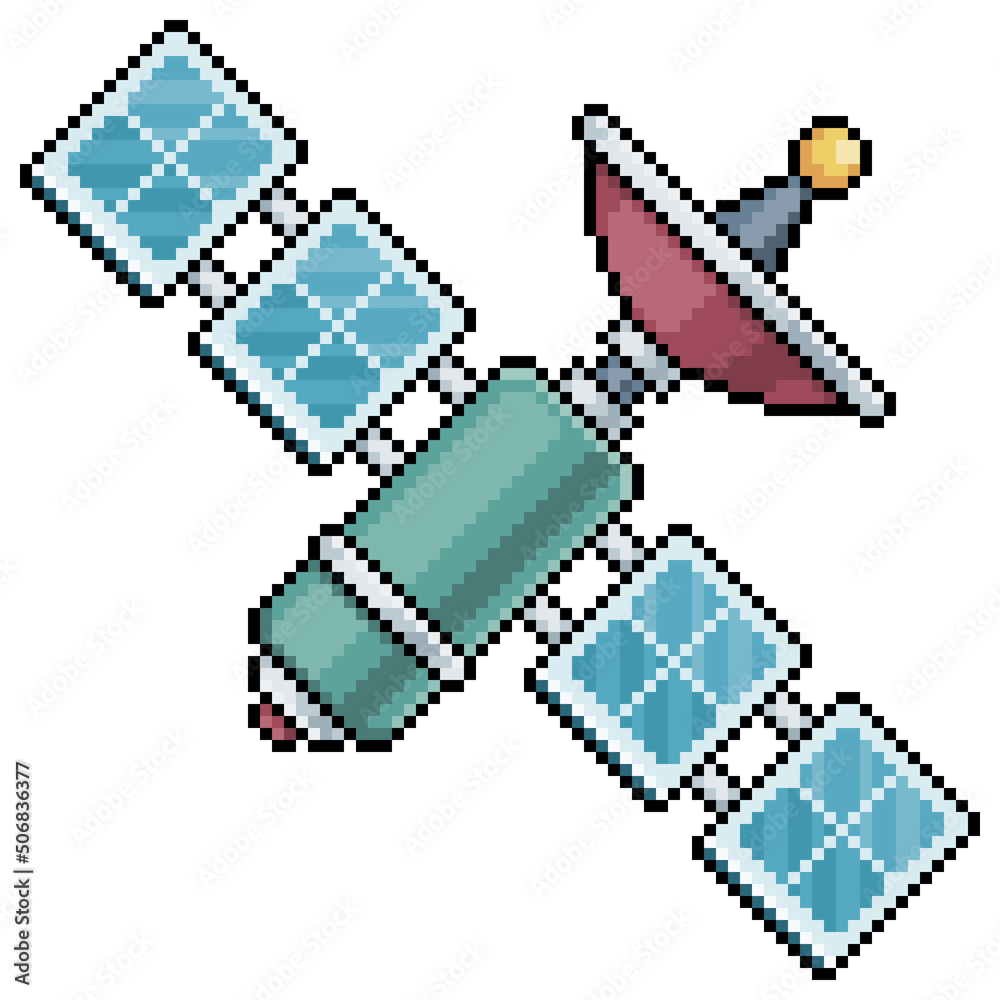 Pixel art modern space satellite vector icon for 8bit game on white ...