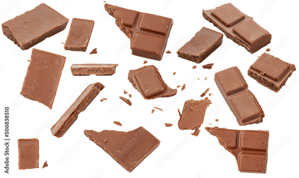 Milk chocolate broken into pieces. Chocolate bar, crumb, shavings ...