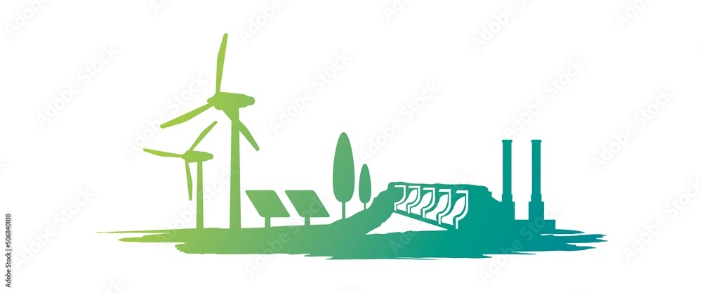 Renewable energy Logo with wind turbine, solar panel, generator ...