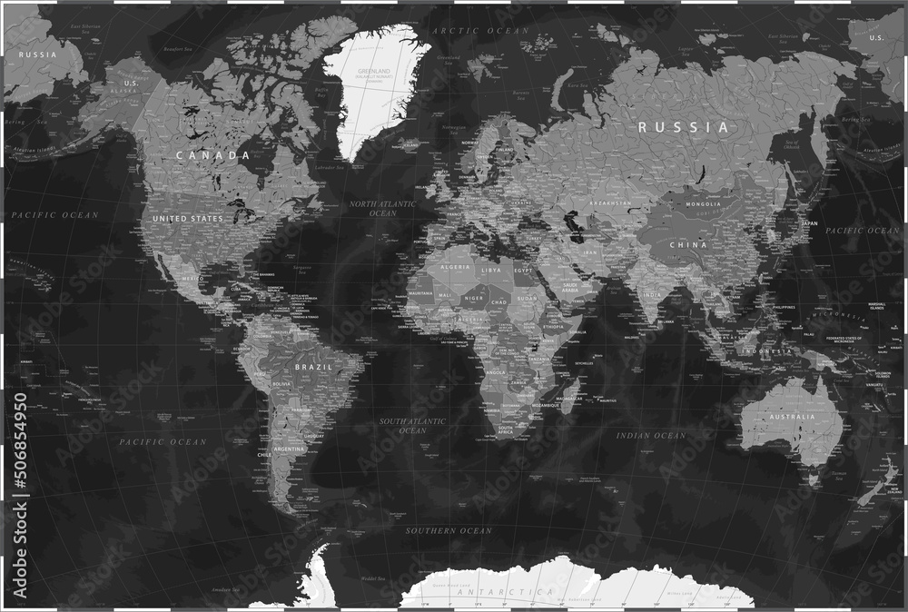 World Map - Black Dark Political - Vector Detailed Illustration Stock ...