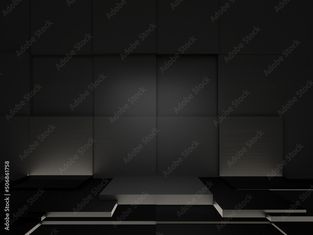 All black background and podium. Square step stage podium with grid ...
