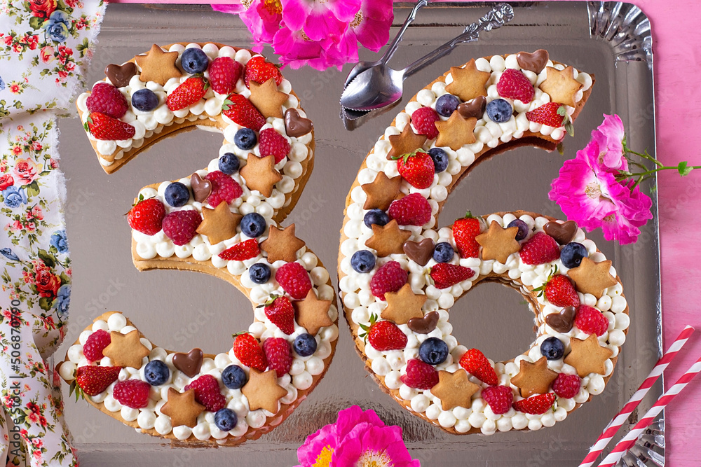 Birthday Number cake filled with cream cheese and topped with berries ...