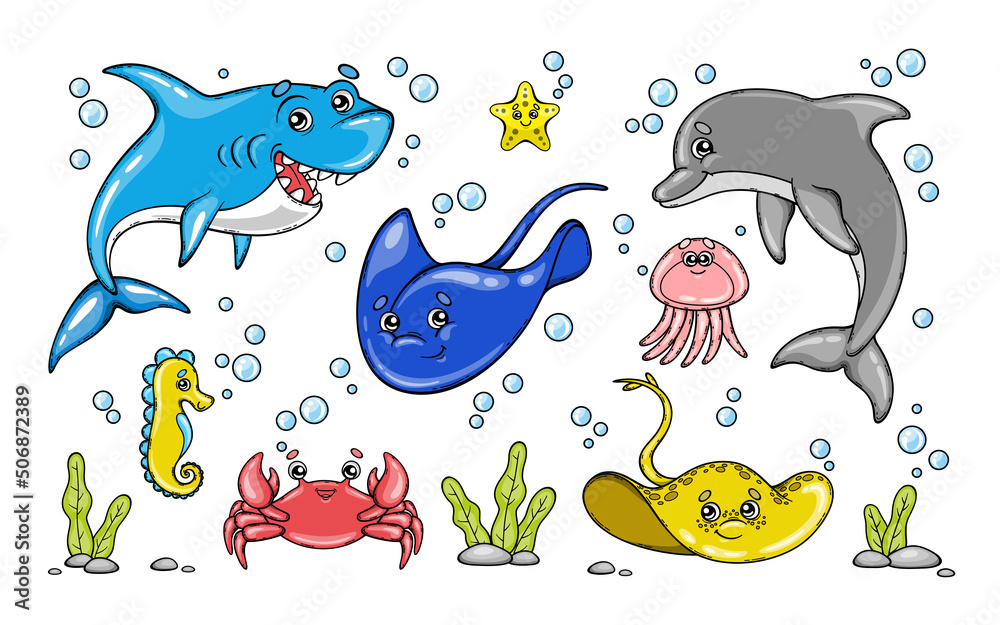 Sea animals in cartoon style on a white background. Underwater ...