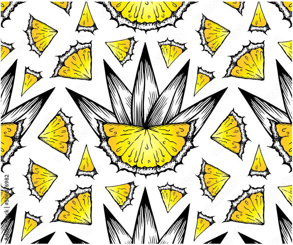 Sketch hand drawn tropical pattern with sliced yellow pineapple and ...