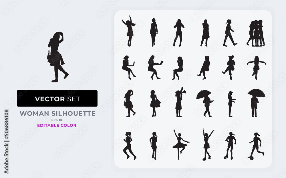 Woman silhouette set vector illustration. Collection woman pose daily ...