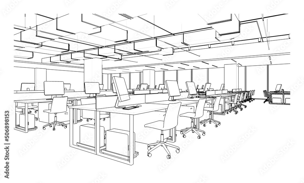 line drawing of office,Modern design,3d rendering Stock Illustration ...