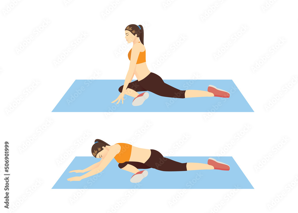 Women doing Pigeon glute stretch pose for backstretch exercise in 2 ...