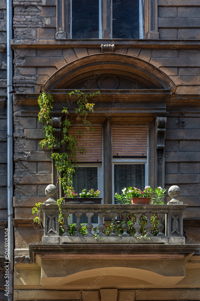 Window with an arch, a balcony and flowers on an old facade of a gray ...