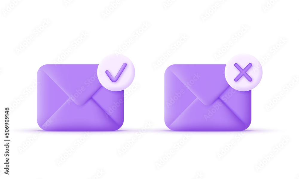 3d mail envelopes and Tick and cross sign isolated on white background ...