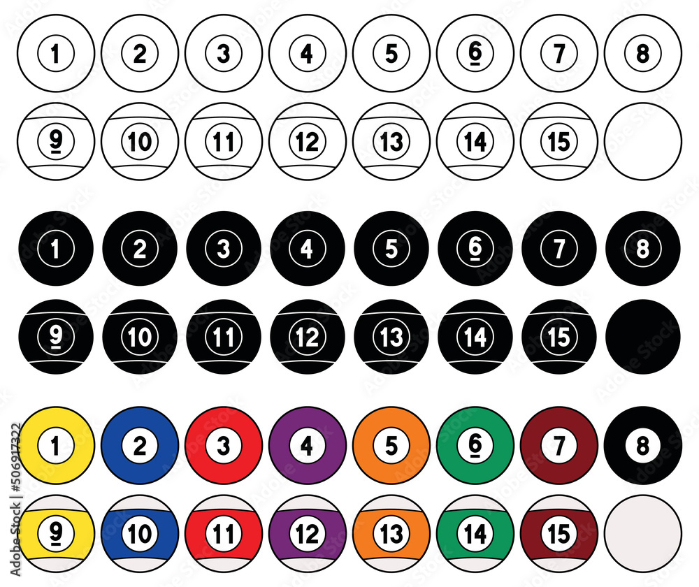 Billiard Pool Ball Clipart Set - Outline, Silhouette and Color Stock ...
