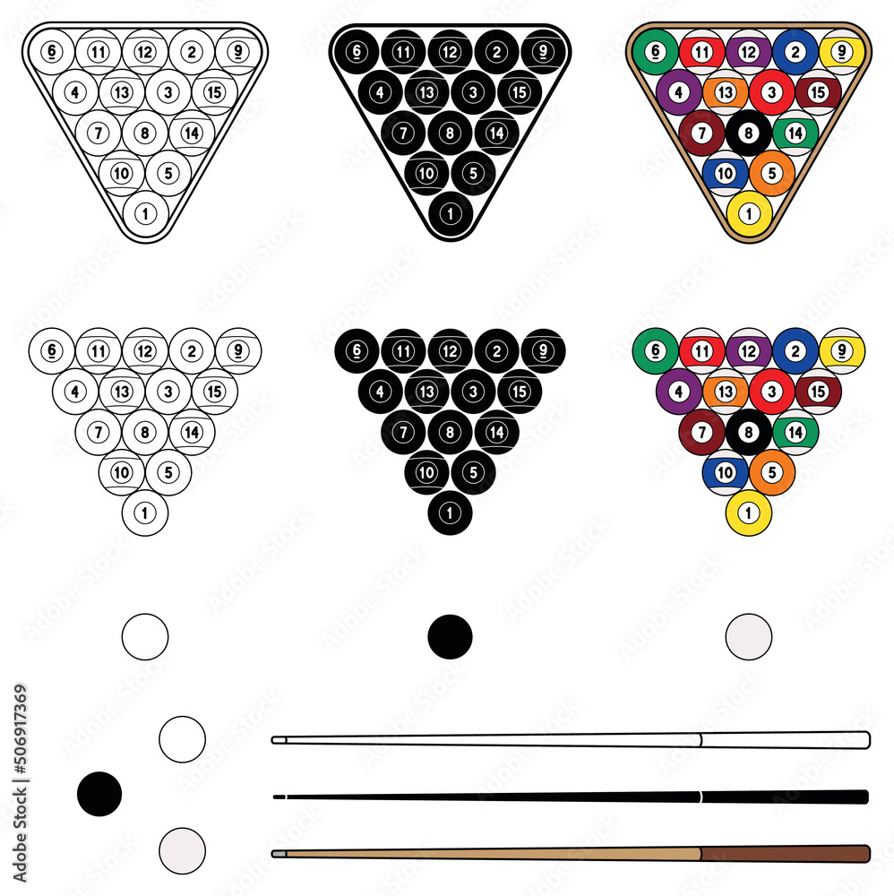 Billiards Pool Rack Set up with White Ball and Cue Clipart - Outline ...